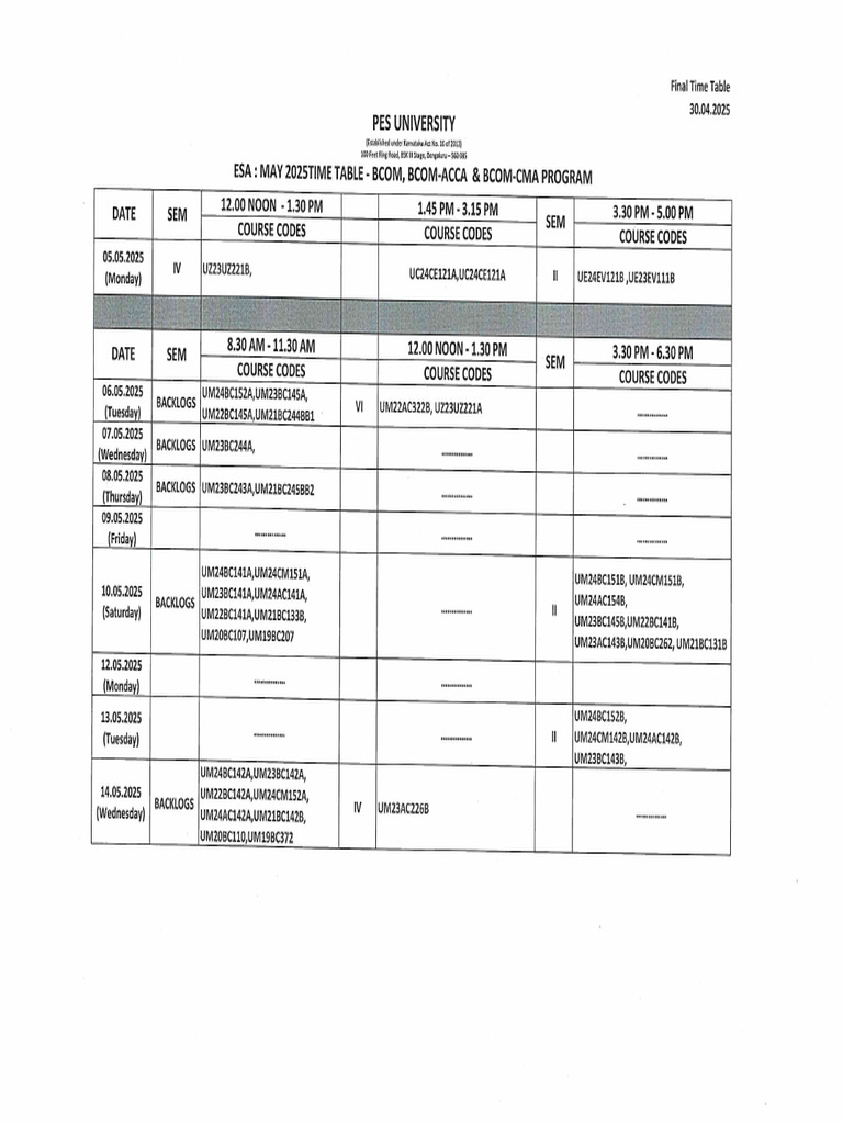 B Com Final Time Table ESA May 25 20250430162541 | PDF