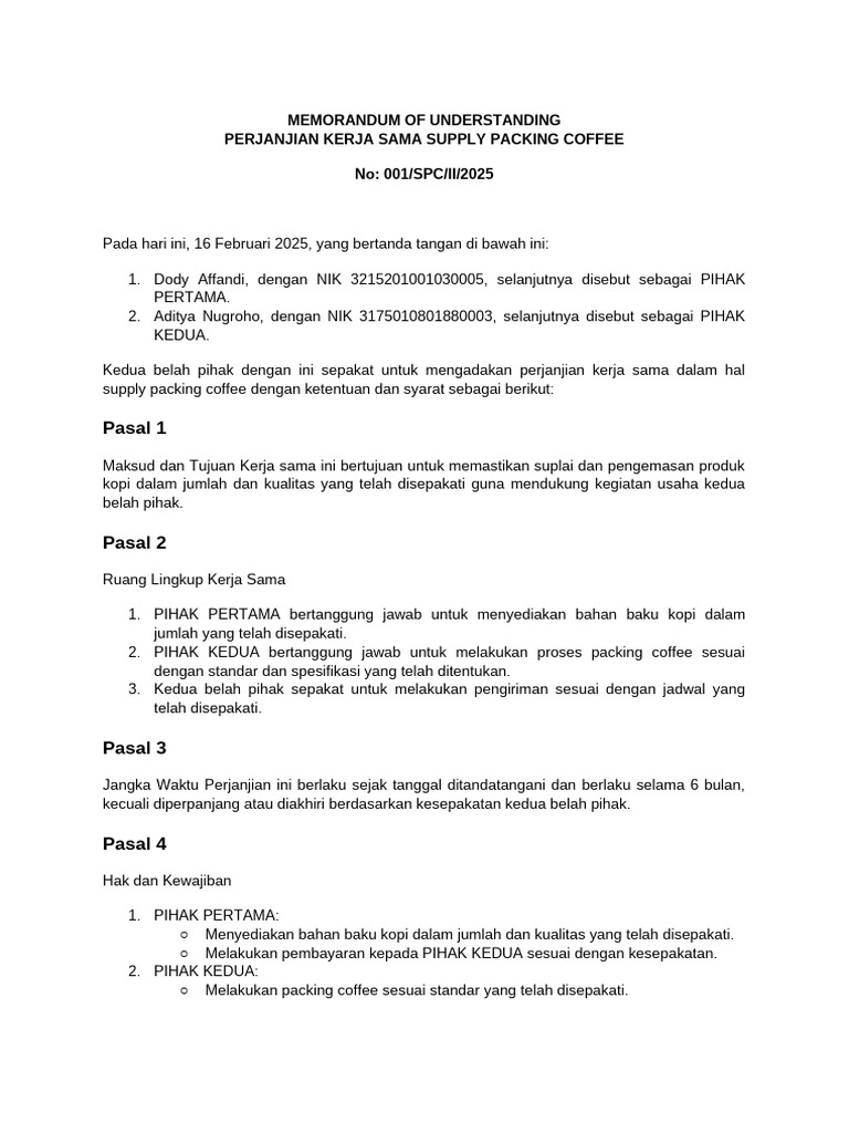 Draft Mou Fendi & Aditya | PDF
