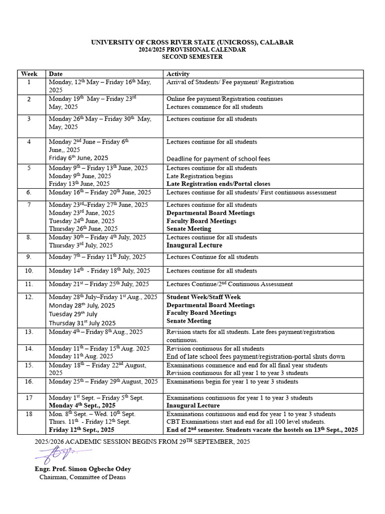 Second Semester 2024 - 2025 Provisional Calendar - Prof. Simon o Odey - Updated | PDF | Military ...