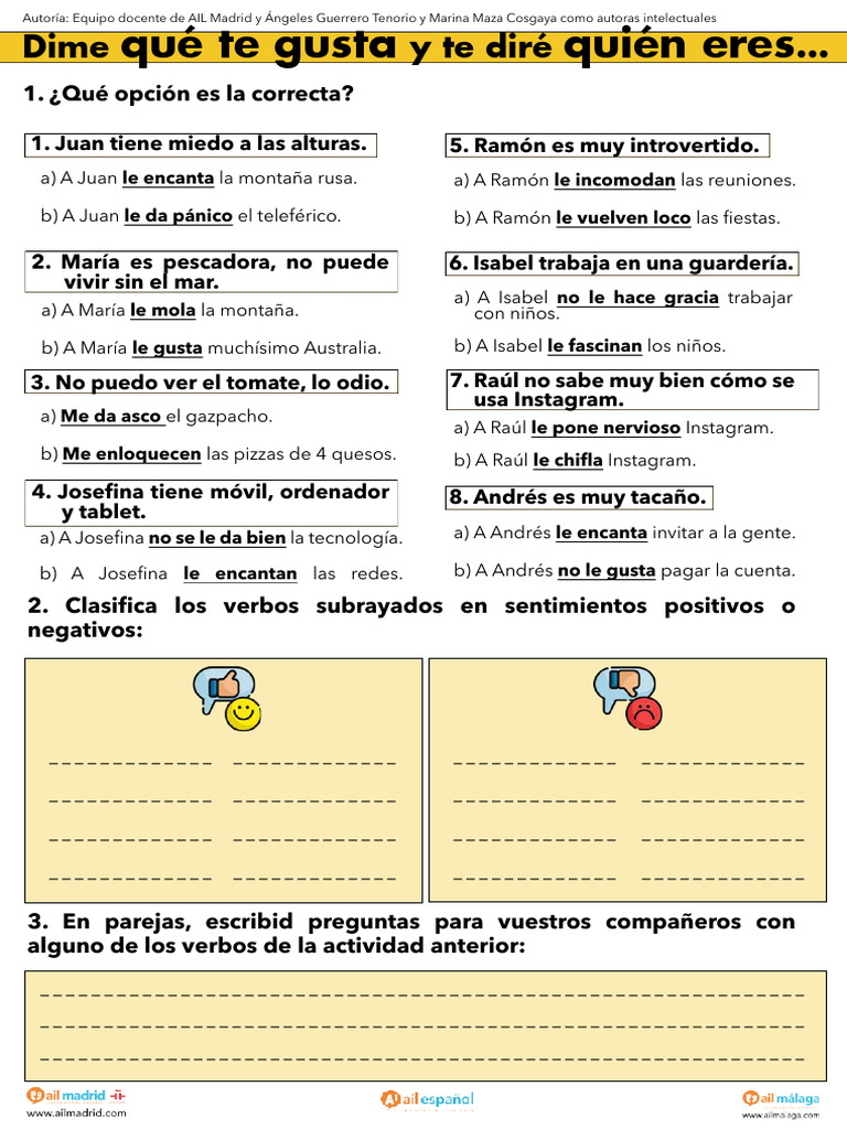 Ejercicios de verbos tipo gustar | PDF