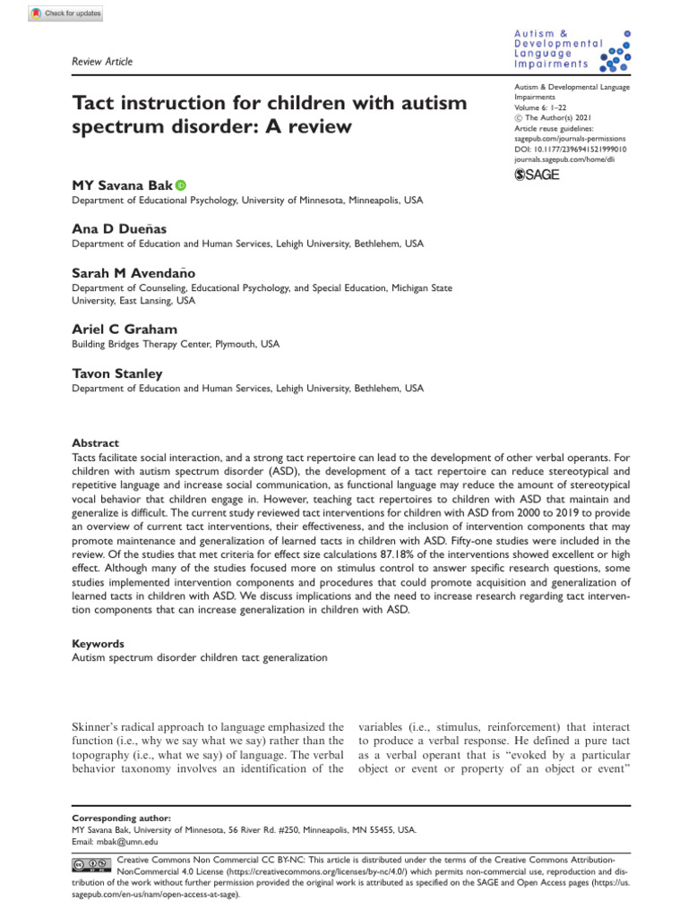 Tact Instruction For Children With Autism Spectrum Disorder: A Review ...