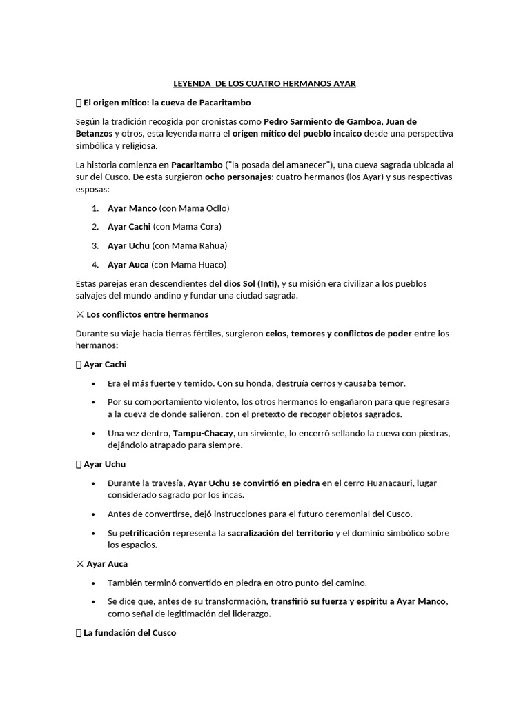 Leyenda de los Cuatro Hermanos Ayar | PDF | Imperio Inca