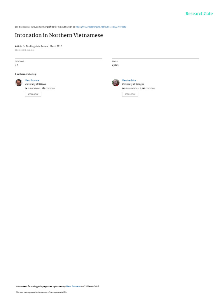 003. "Intonation in Northern Vietnamese" (Brunelle Et Al., 2012 ...