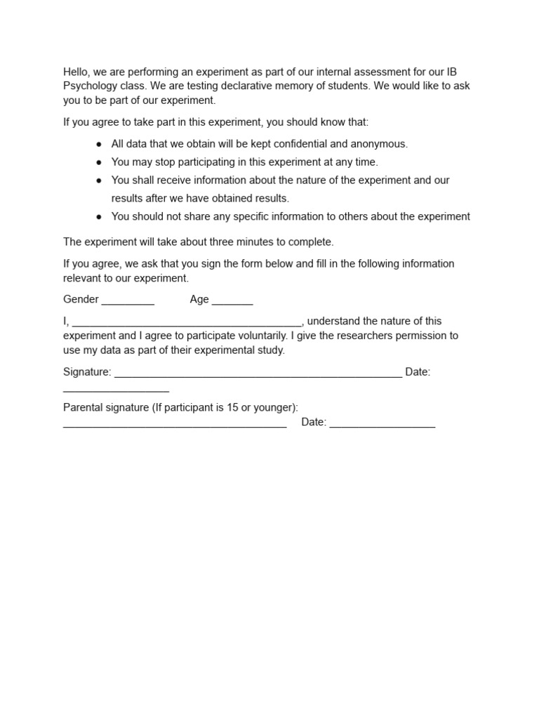 IB Psychology IA Consent Form | PDF