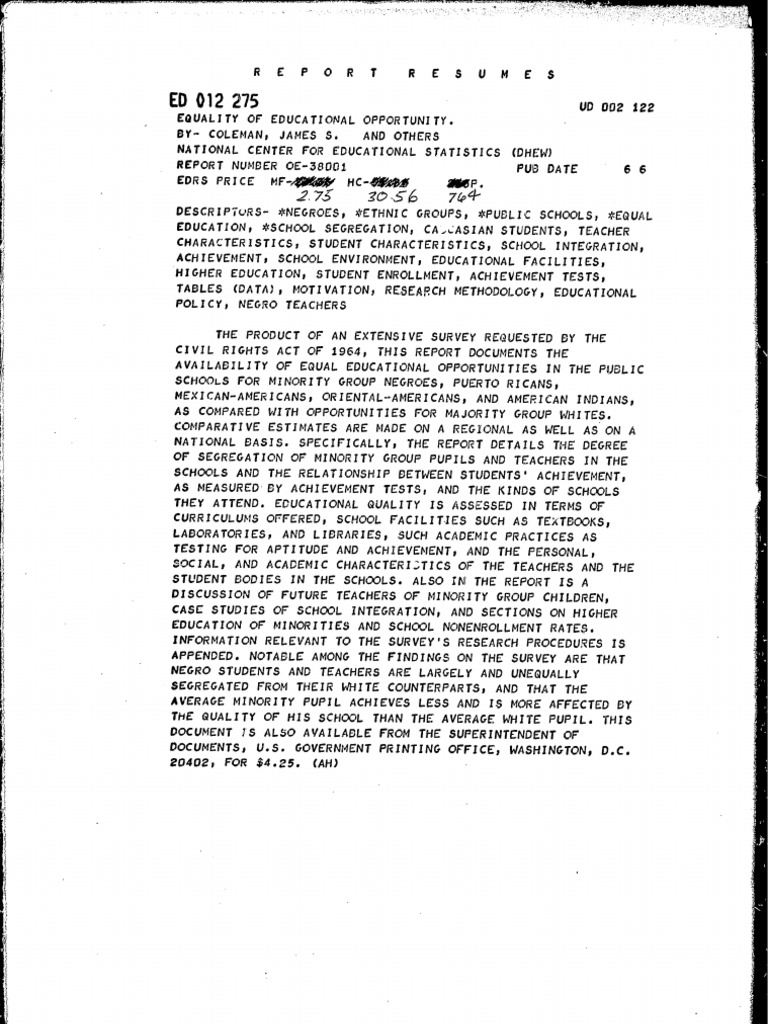 Coleman Report ("Equality of Educational Opportunity"), 1966 | PDF