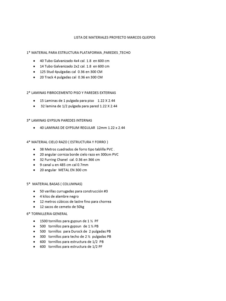 Materiales para Proyecto Marcos Quepos | PDF | Tornillo | Materiales