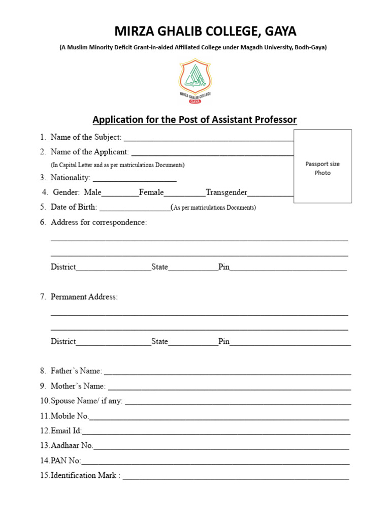 Application Form For The Post of Assistant Professor - 2025 | PDF ...