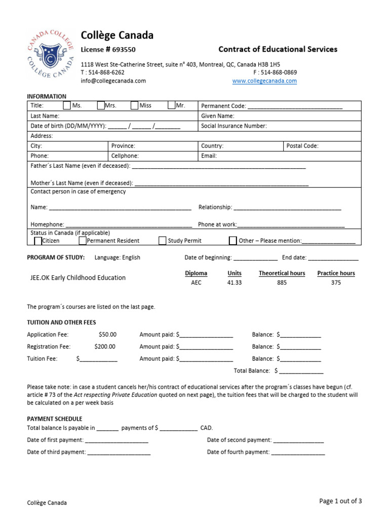 Educational Services Contract - Collège Canada | PDF | Payments | Fee