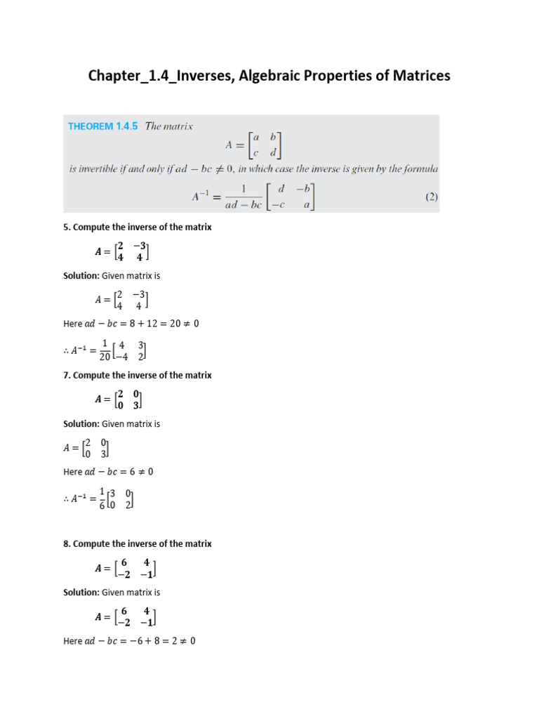 Matrix Inverses and Algebraic Properties | PDF | Matrix (Mathematics ...