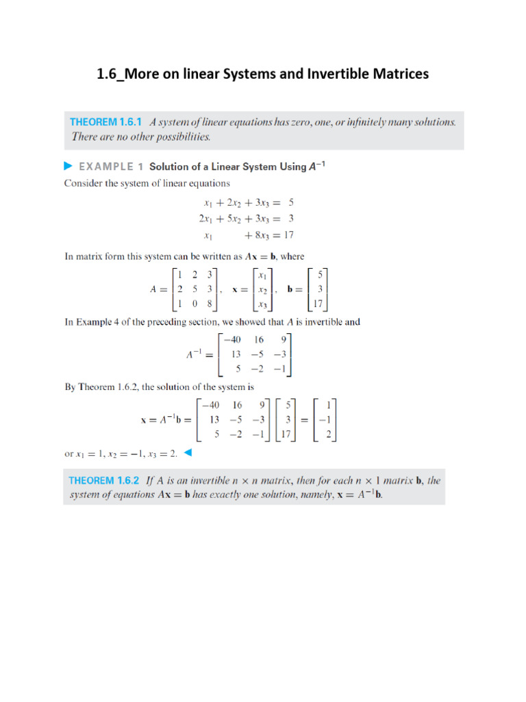 Chapter - 1.6 - More On Linear Systems and Invertible Matrices | PDF ...