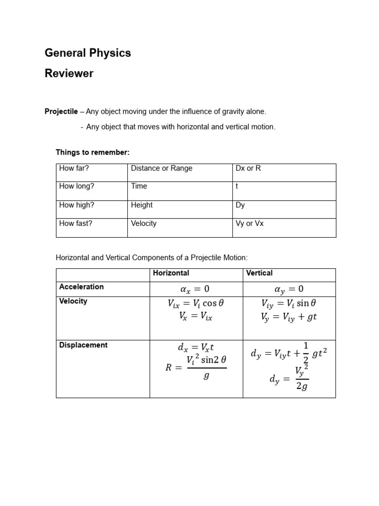 Gen Physics Quarter 1 Reviewer Projectile Motion | PDF | Projectiles | Motion (Physics)