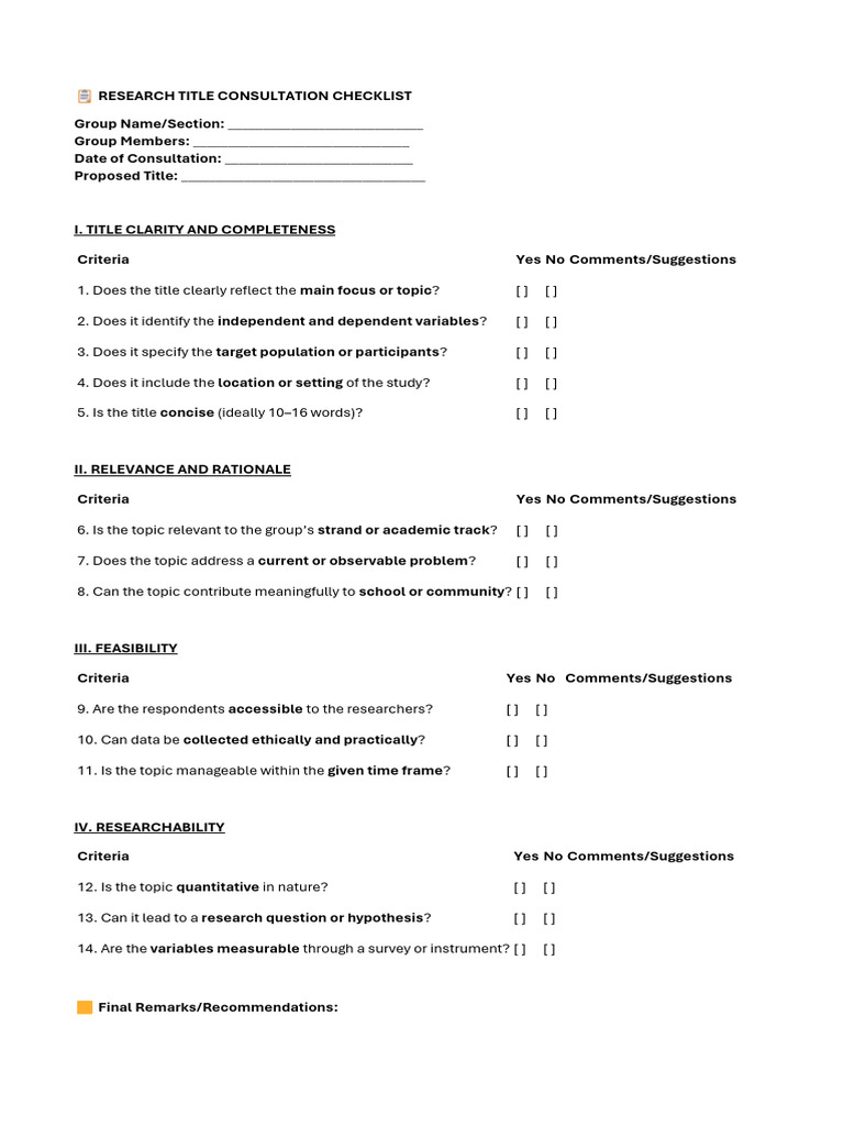 Research Title Consultation Checklist | PDF