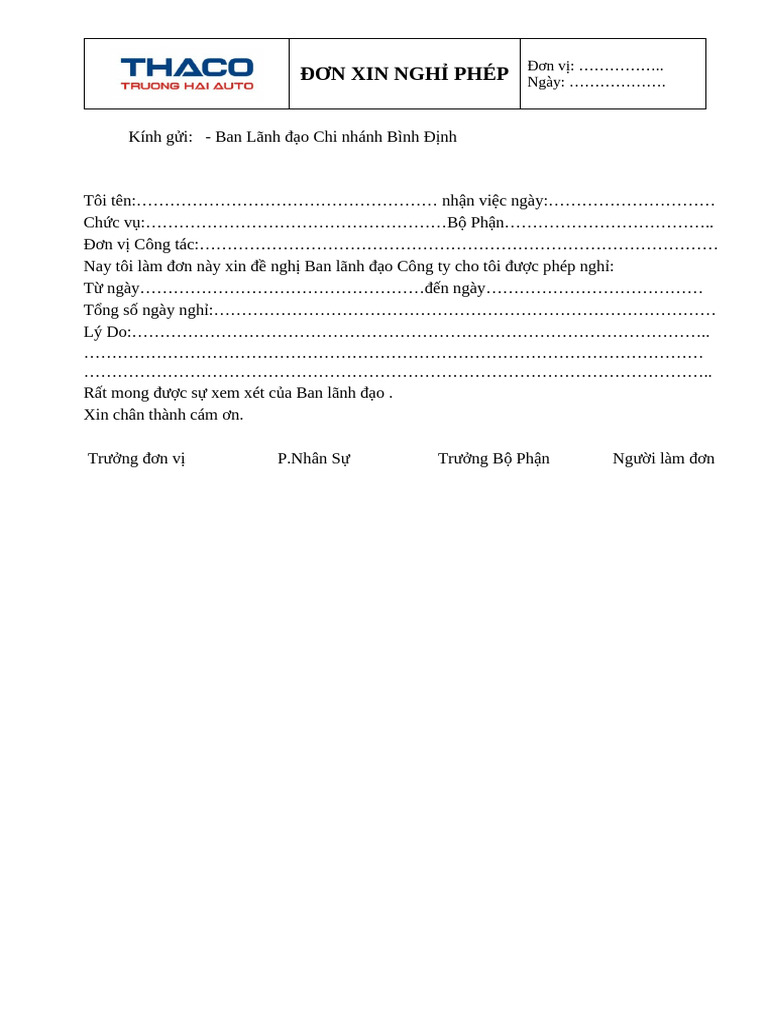 Don Xin Nghi Phep - Nam Bo Apply 1-10-2015 | PDF