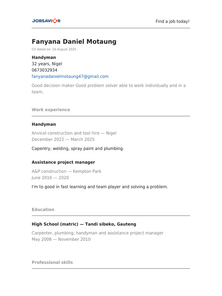 Handyman CV of Fanyana Motaung | PDF
