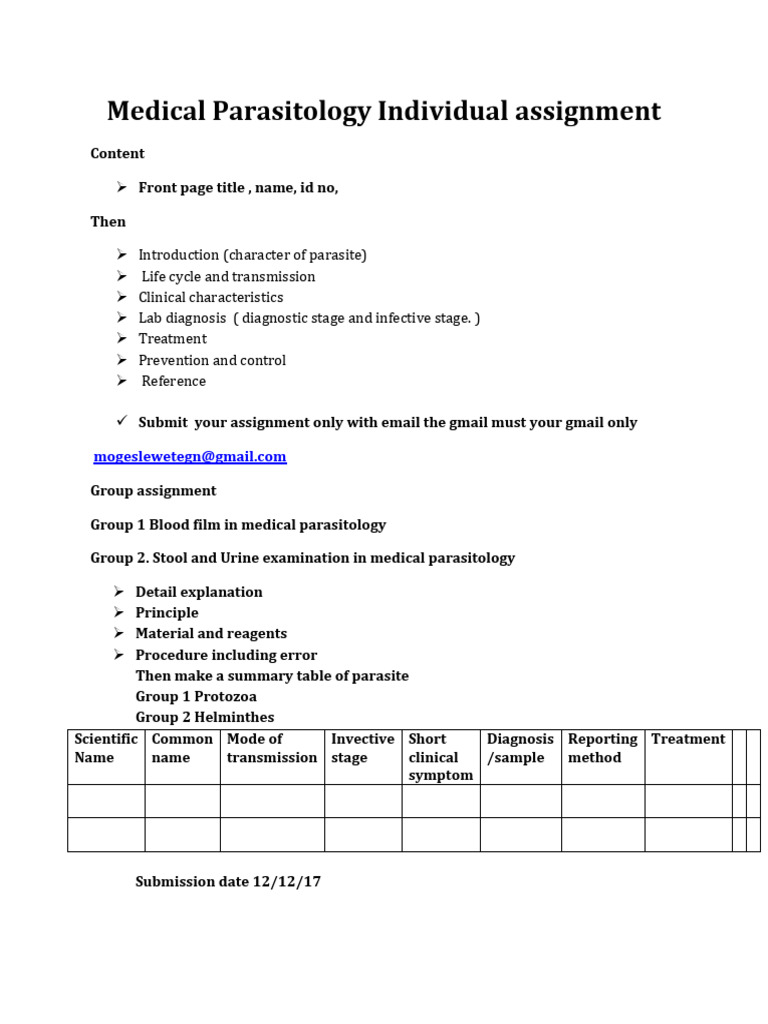 Medical Parasitology Individual Assignment For Block 2017 | PDF