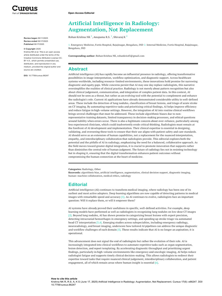 Artificial Intelligence in Radiology - Augmentation, Not Replacement ...