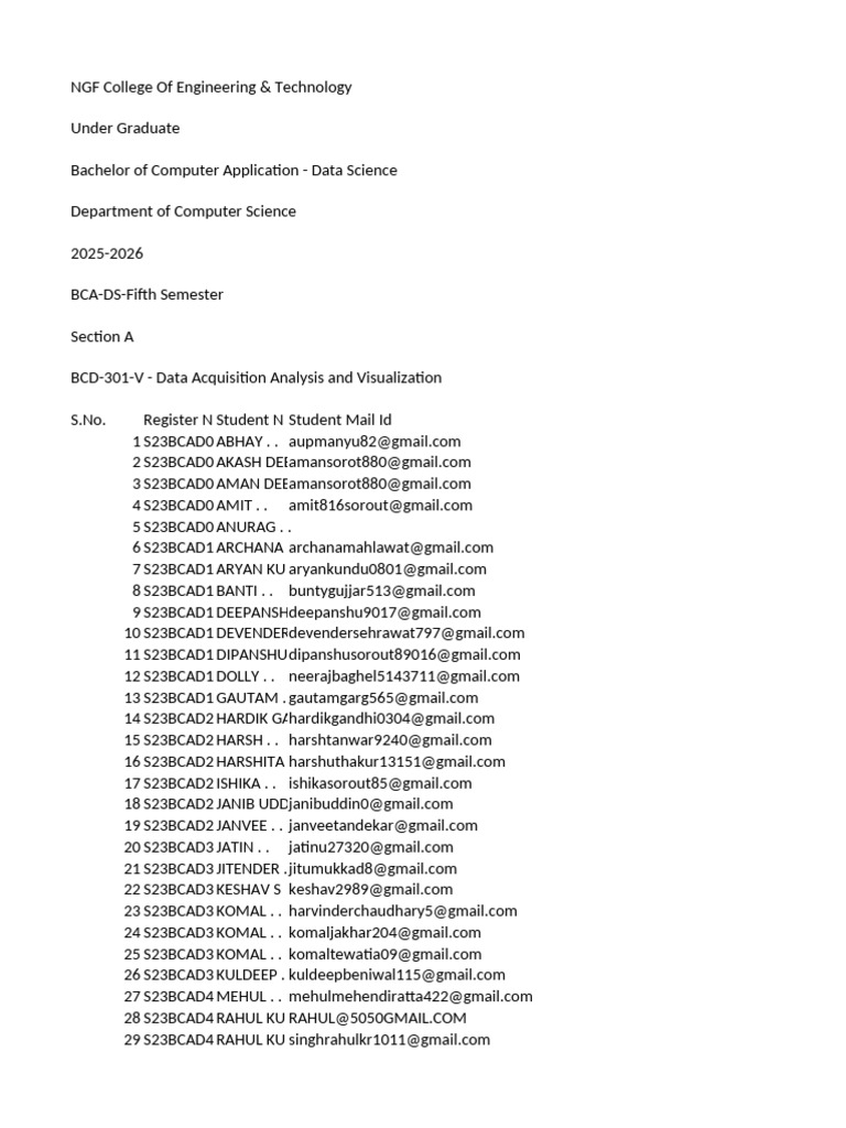 BCA Data Science Student List 2025-2026 | PDF | Data | Computing