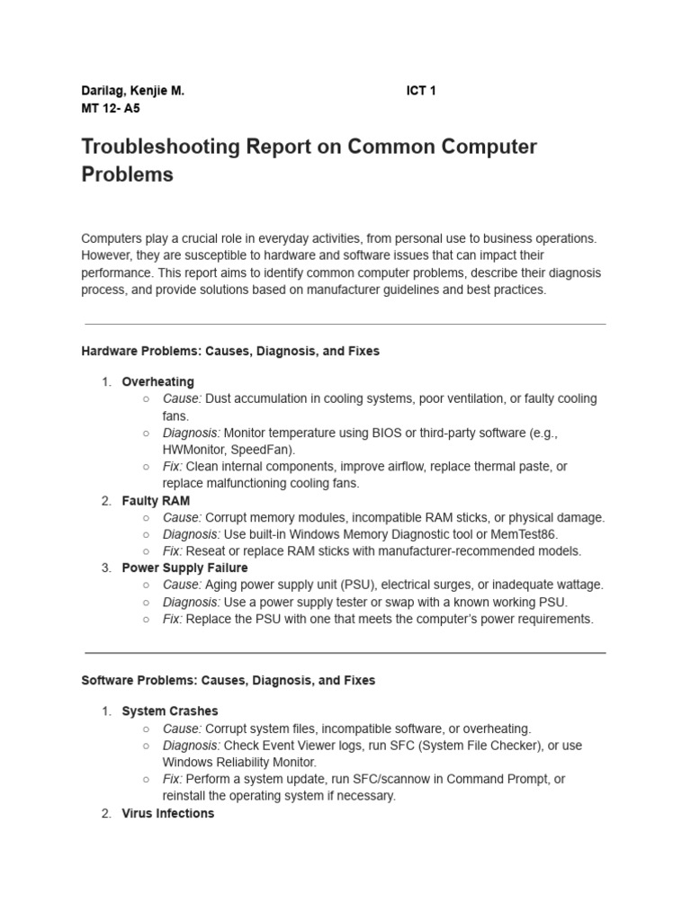 Troubleshooting Report On Common Computer Problems | PDF | Antivirus Software | Computer Virus