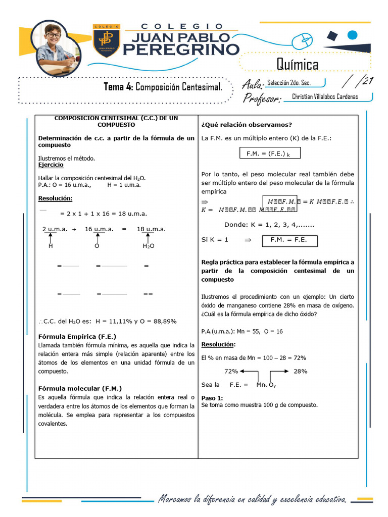 Resumen 4 - Sel2 - TEMA 4 - COMPOSICIÓN CENTESIMAL - QUIMICA ...