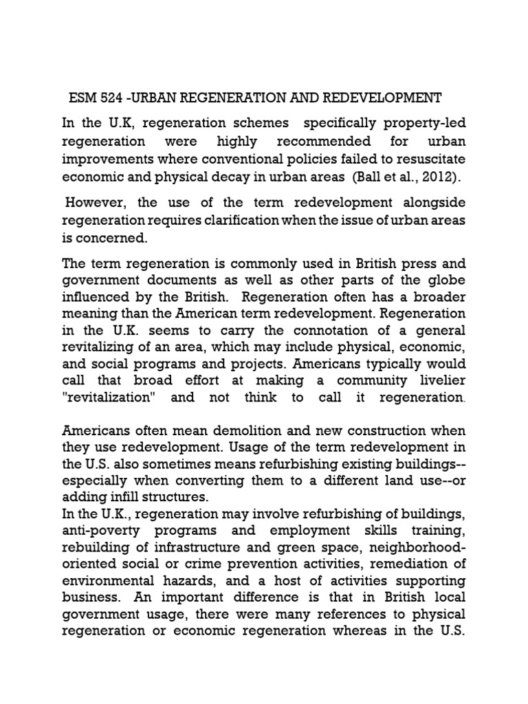 Esm 524 Note Regeneration and Redevelopment | PDF | Urban Renewal | Redevelopment