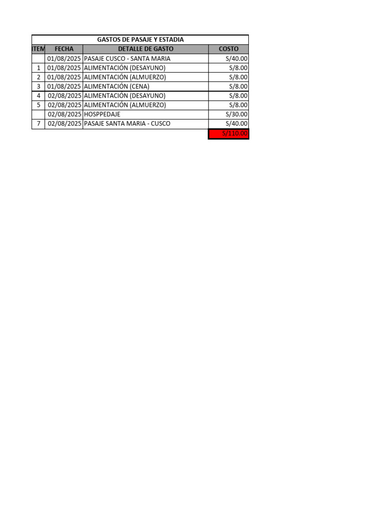Gastos de Estadia y Pasajes | PDF