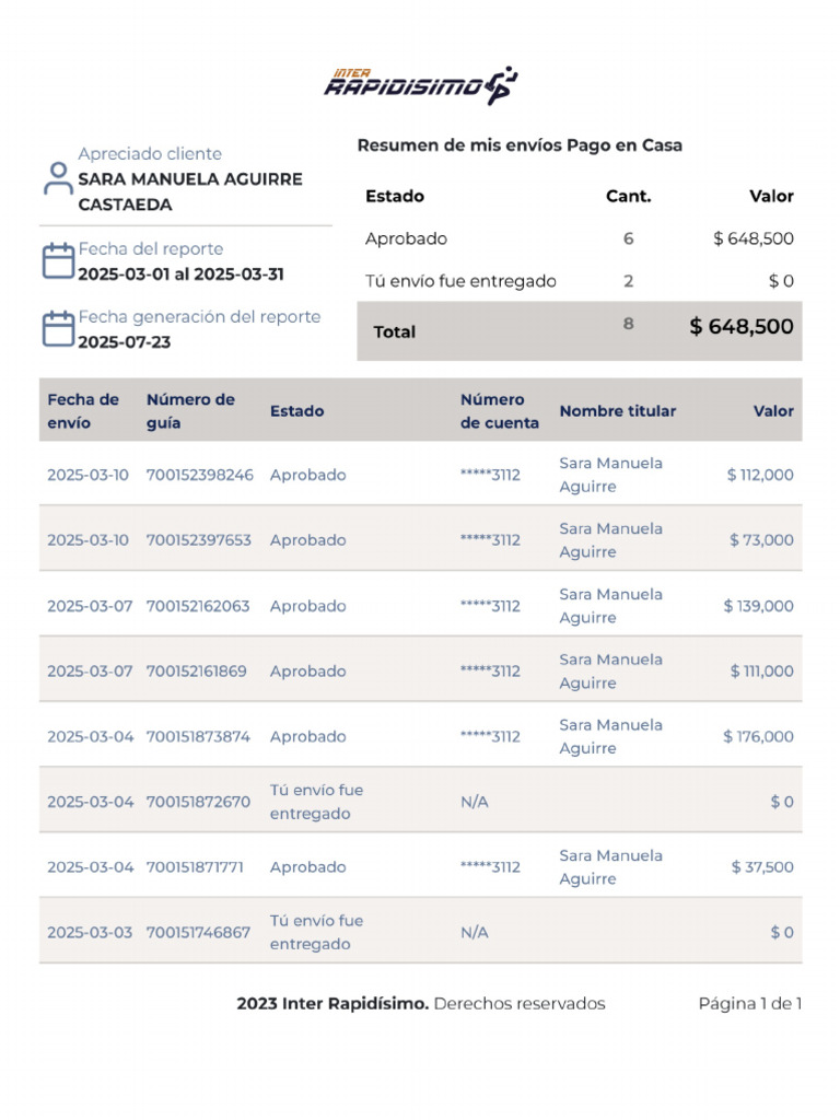 Reporte Mis Envios Pago en Casa 23072025 | PDF