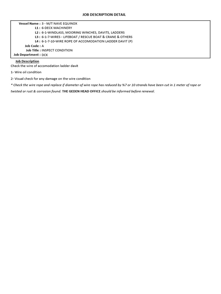 Wire Rope of Accomodation Ladder Davit Inspection Condition | PDF