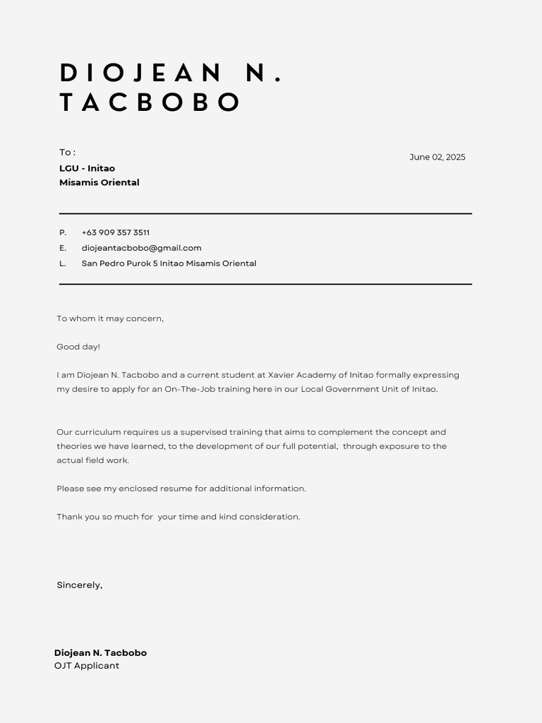 Dio Jean Tac Bobo Application Letter | PDF