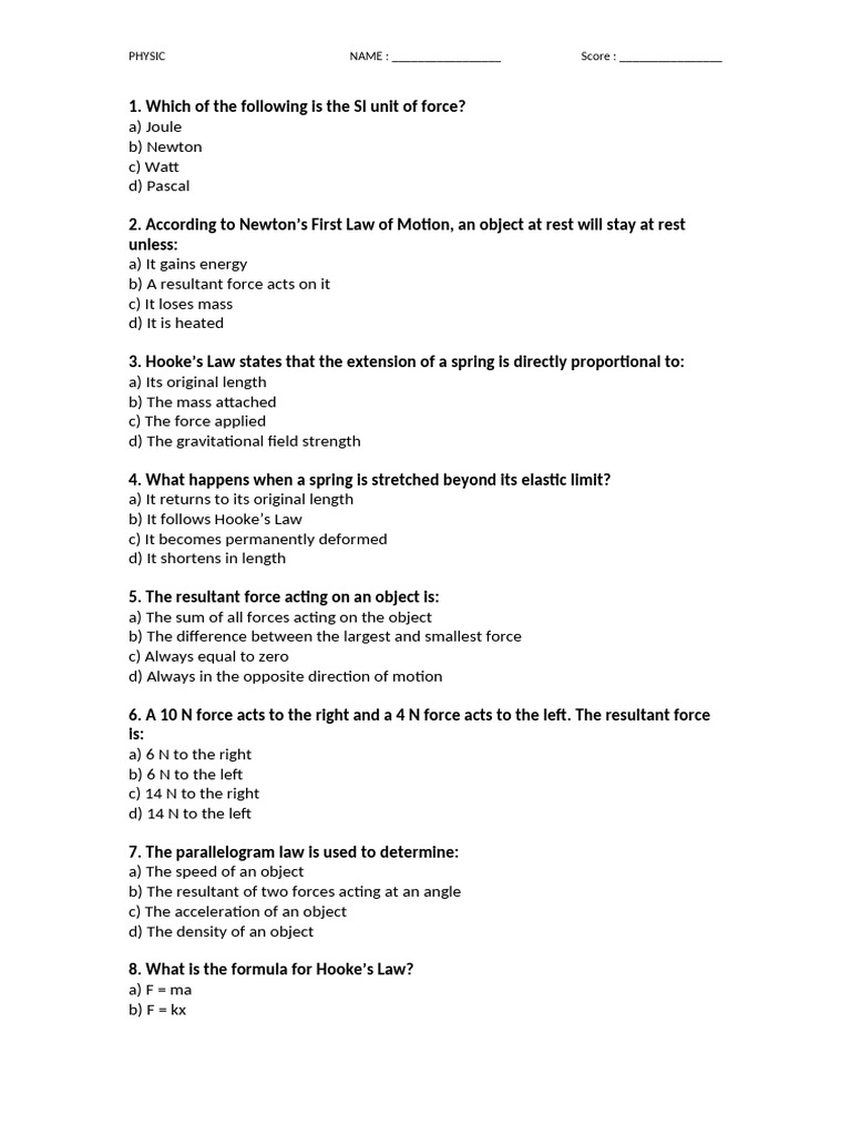 Physics Force and Motion Quiz | PDF | Force | Acceleration