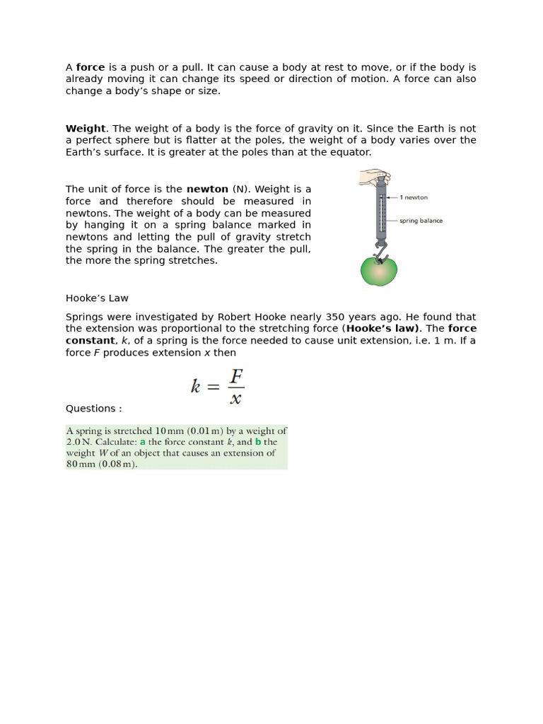 Igcse Physics - 6 - Force Weight Hookes Law Spring | PDF