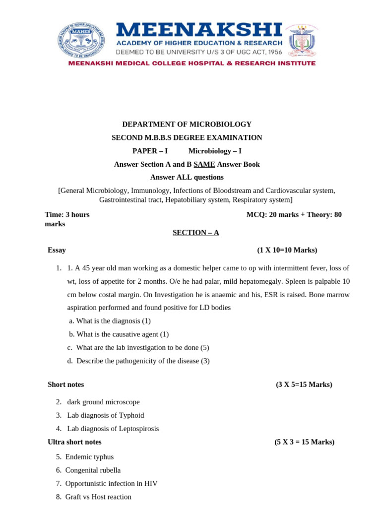 Model Exam Paper-1 2025 | PDF | Elisa | Infection