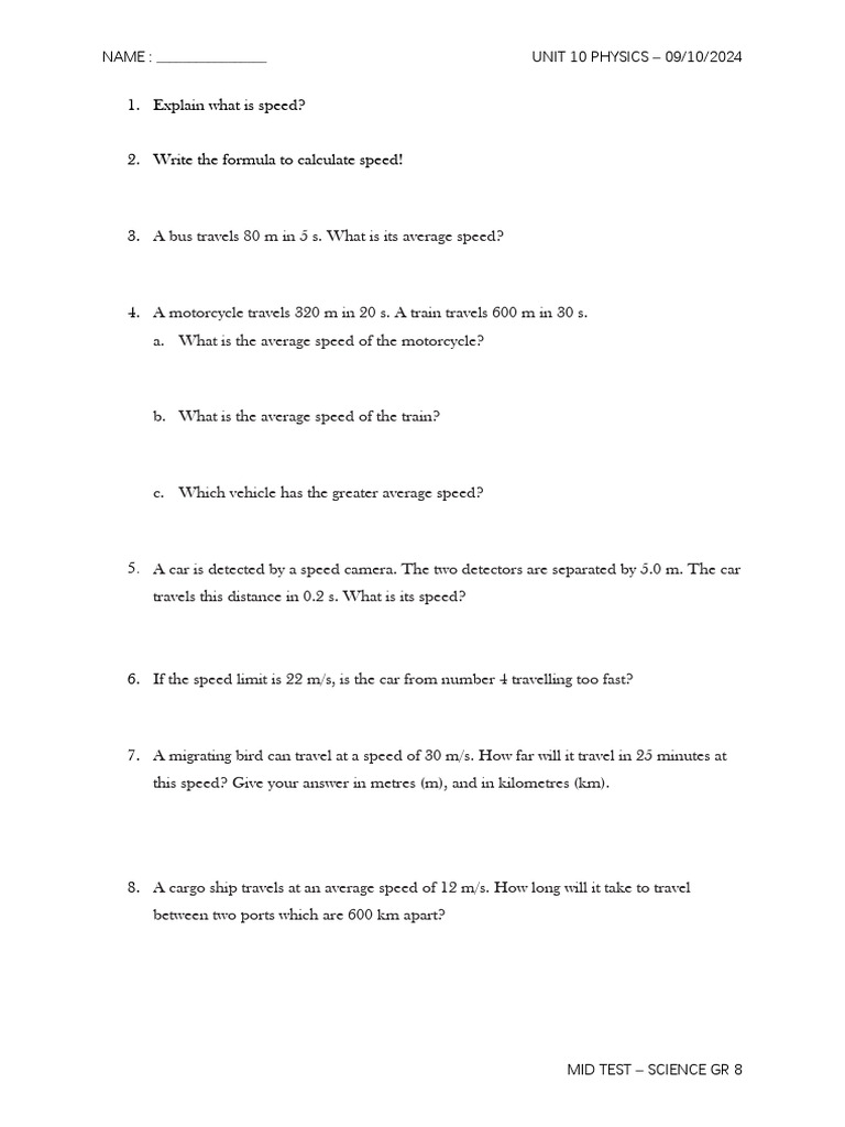 GR 8 Science Mid Test Physics Sem 1 | PDF