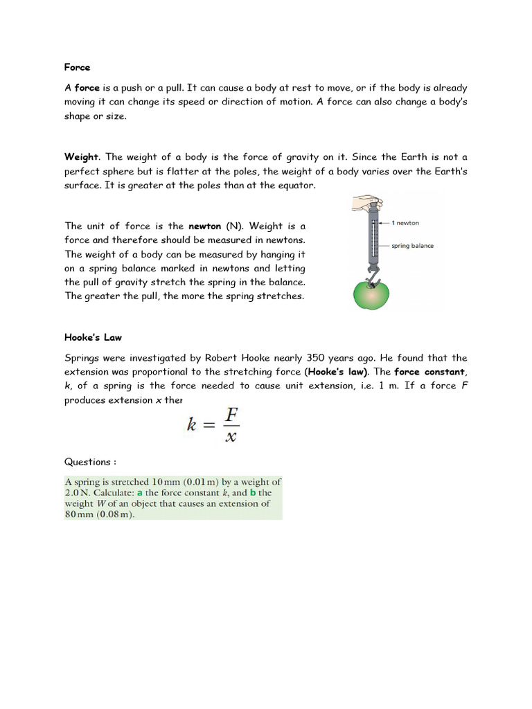 Igcse Physics - 6 - Force Weight Hookes Law Spring | PDF