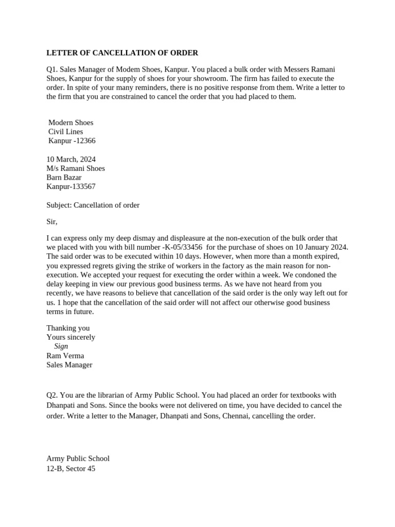 Order Cancellation Letters Template | PDF