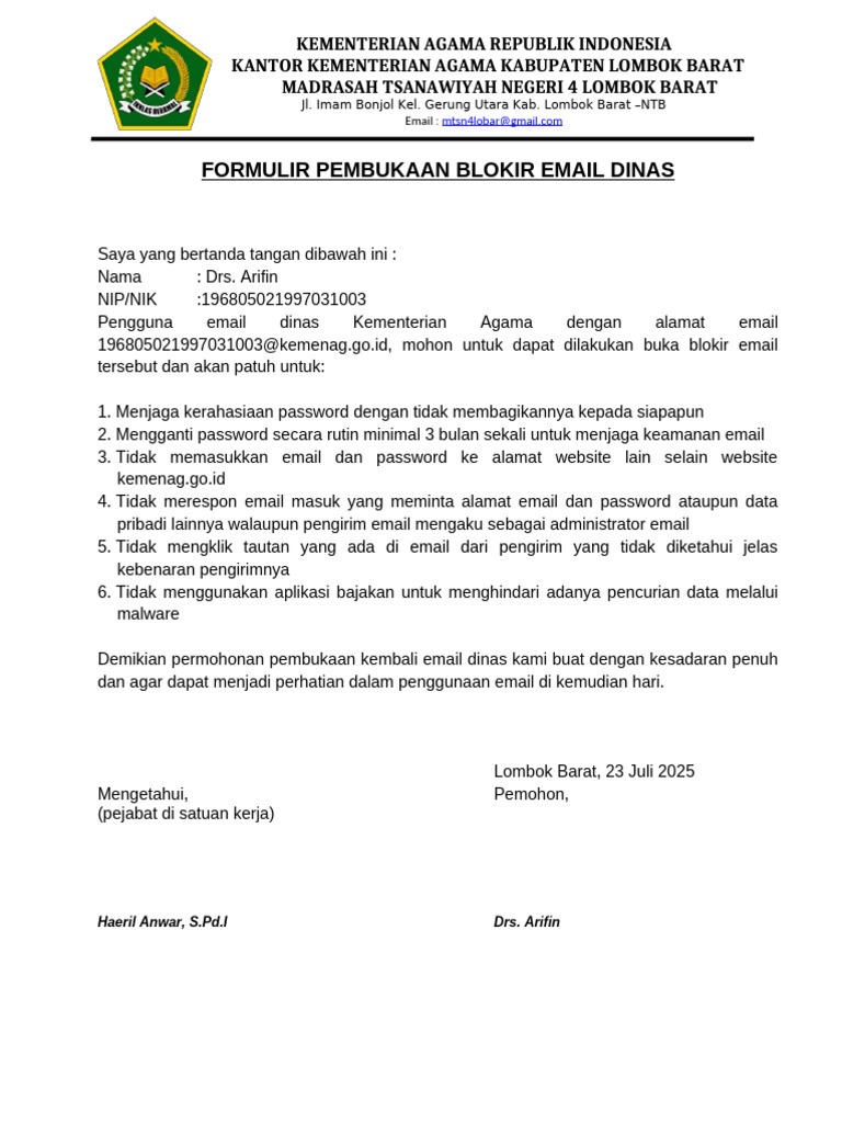 FORMULIR PEMBUKAAN BLOKIR EMAIL | PDF