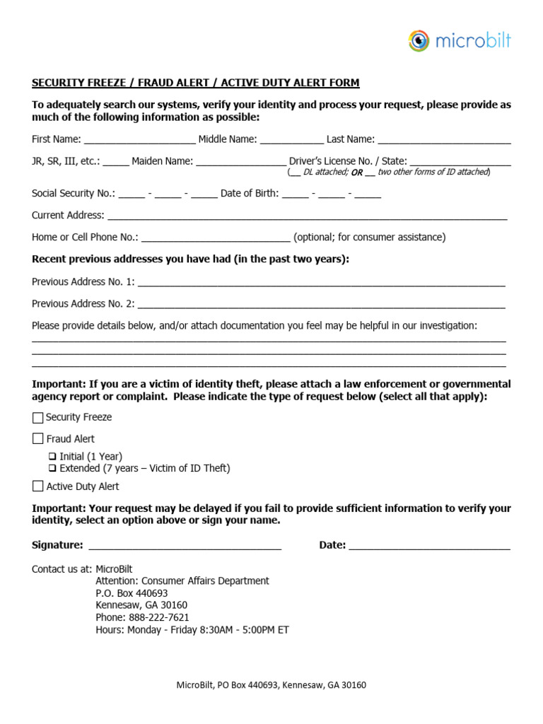 Security Freeze-Fraud Alert-Active Duty Alert Form | PDF