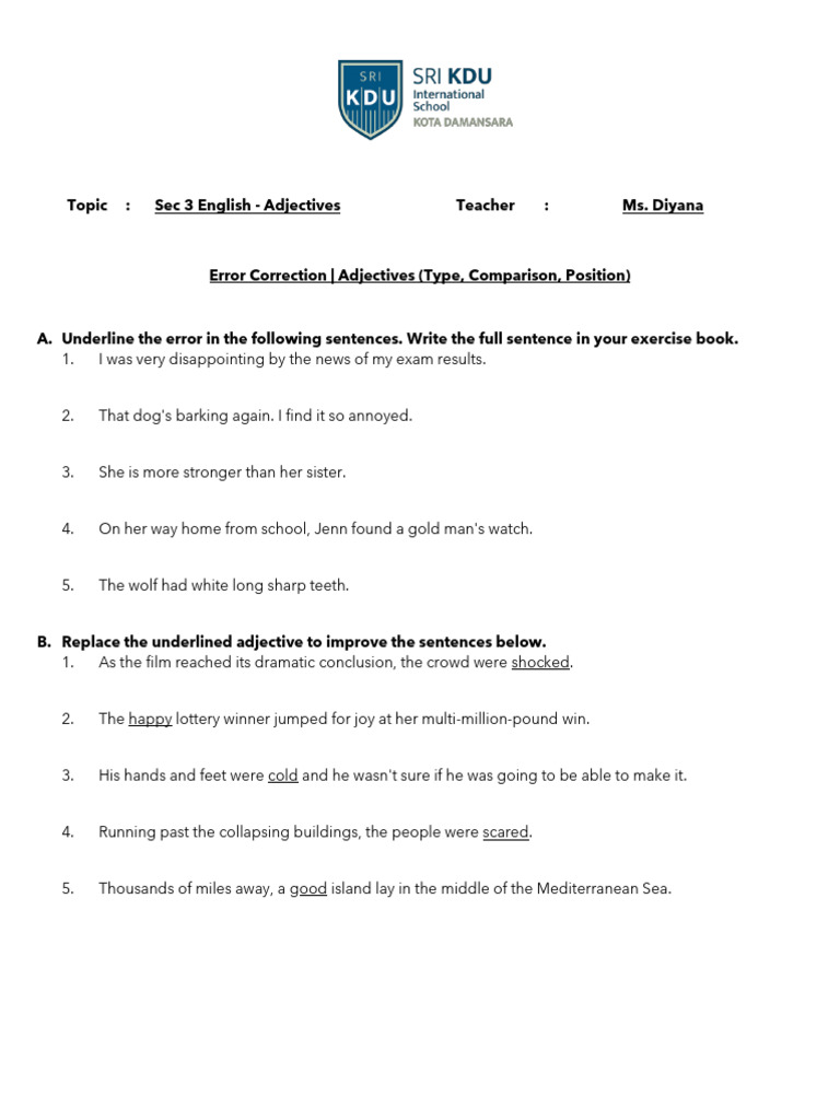 Adjective Error Correction Exercises | PDF