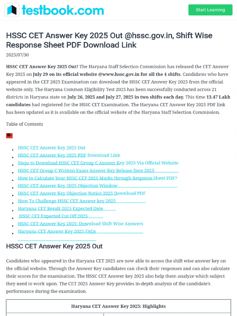HSSC Cet Answer Key 2025 Out | PDF