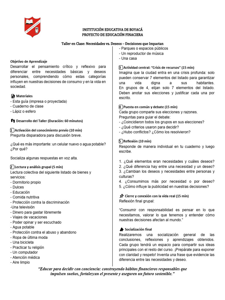 Taller Necesidades vs Deseos Grado 10 11 | PDF