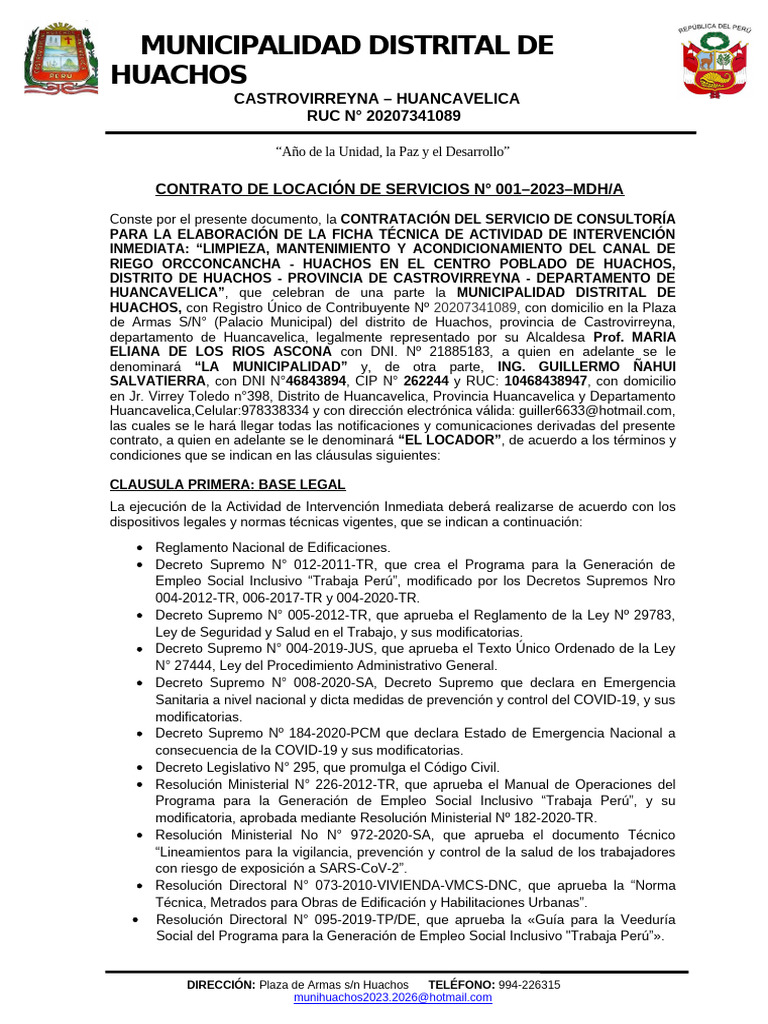 Contrato #001-2023 Fichas Luwari Peru - Guillermo Ñahui | PDF ...