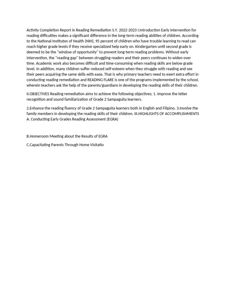 Activity Completion Report in Reading Remediation S | PDF