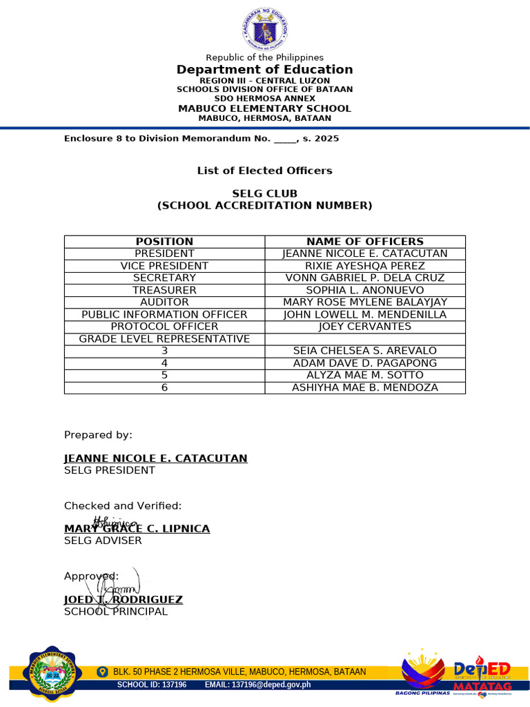 ENCLOSURE 8 - List of Elected Officers - SELG | PDF