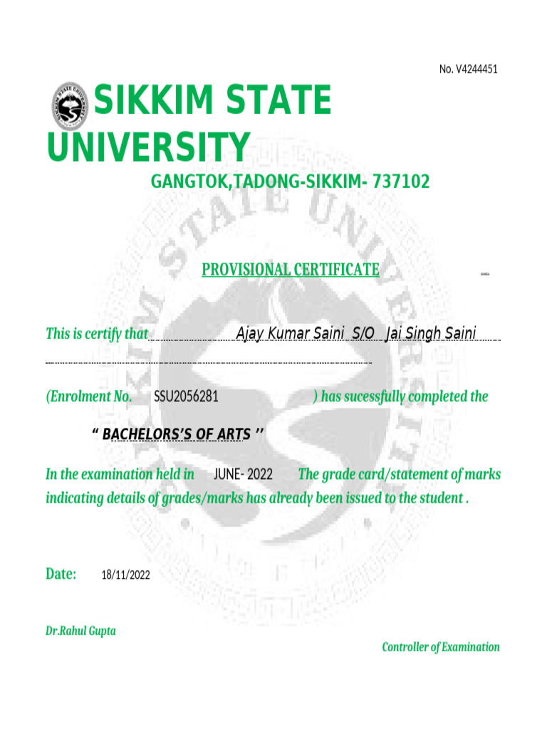Sikkim University Provisional Certificate | PDF