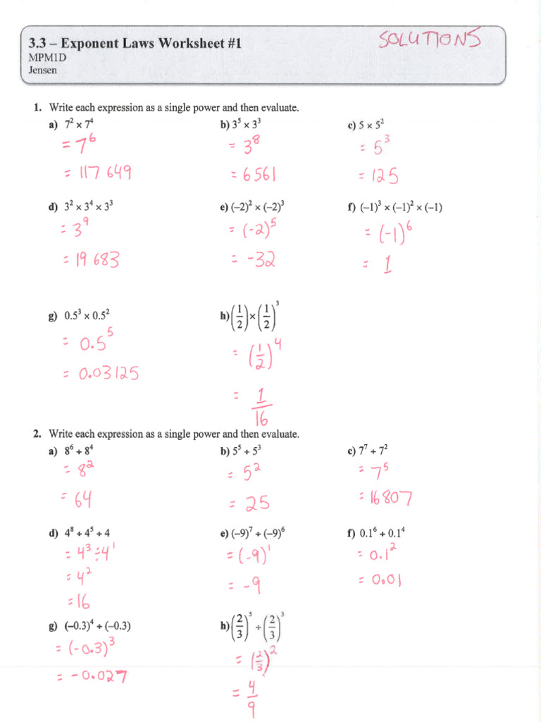 Exponent Laws Answer Key | PDF