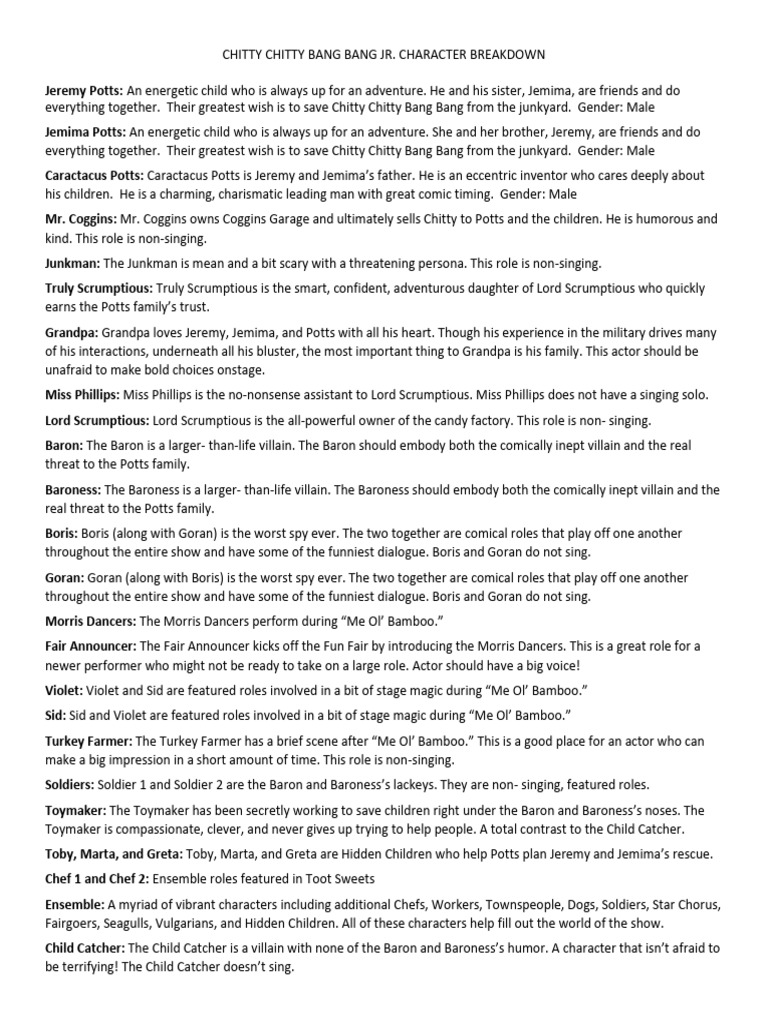 Character Notes For Auditions - Chitty Bang JR | PDF