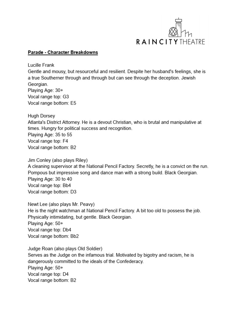Parade Musical Character Profiles | PDF
