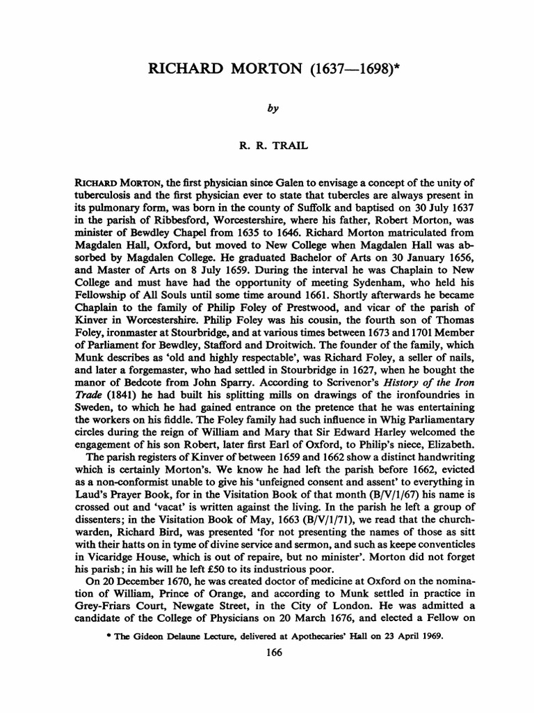 Richard Morton (1637-1698) | PDF | Tuberculosis | Cough