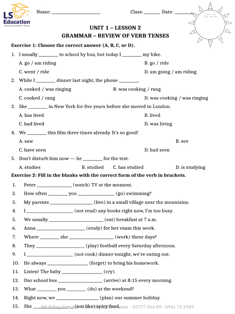 GS5 - U1L2 - Grammar - Review of Verb Tenses - Practice | PDF ...