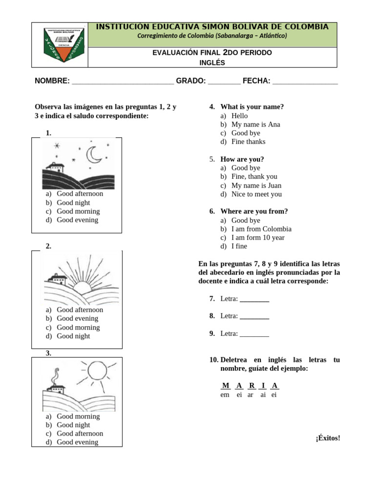 Evaluación Ingles 4° | PDF