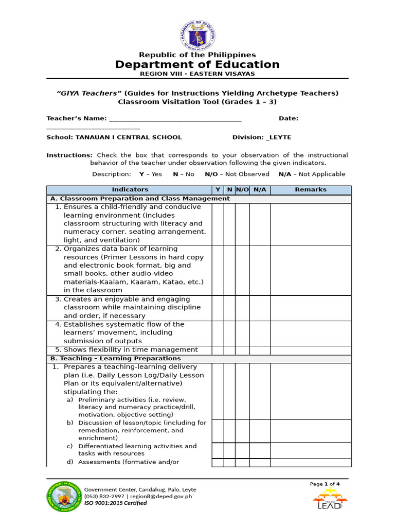 GIYA Classroom Visitation Tool | PDF | Learning | Teachers